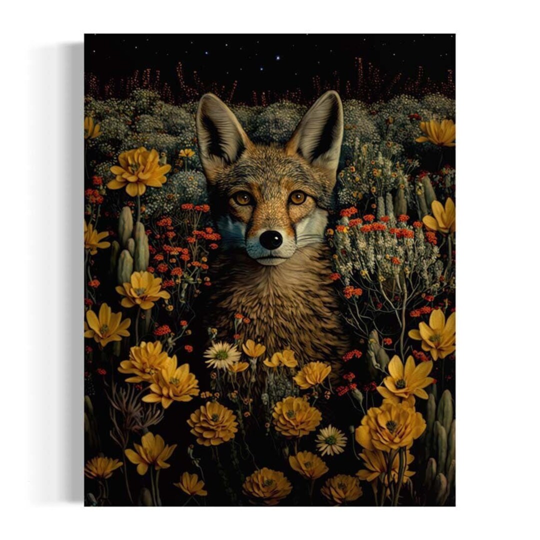 Vintage Coyote Print Coyote Hiding in Wildflowers Painting, Art Gallery ...