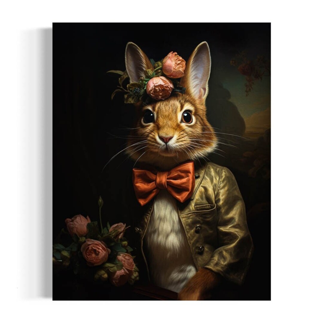 Rabbit Vintage Portrait, Victorian Bunny With Pink Flowers Painting ...
