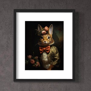 Rabbit Vintage Portrait, Victorian Bunny With Pink Flowers Painting ...