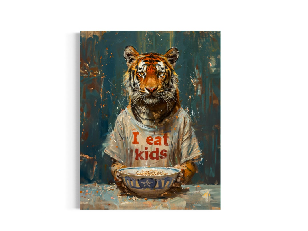 Funny Kitchen Decor, Tiger Eating Ramen Noodles, Ramen Bowl Poster ...