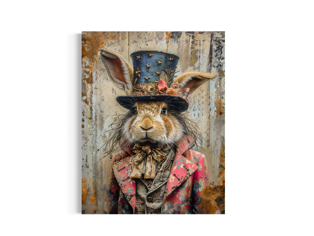 Whimsical Rabbit Painting, Vintage Fancy Dressed Bunny Portrait, Animal ...