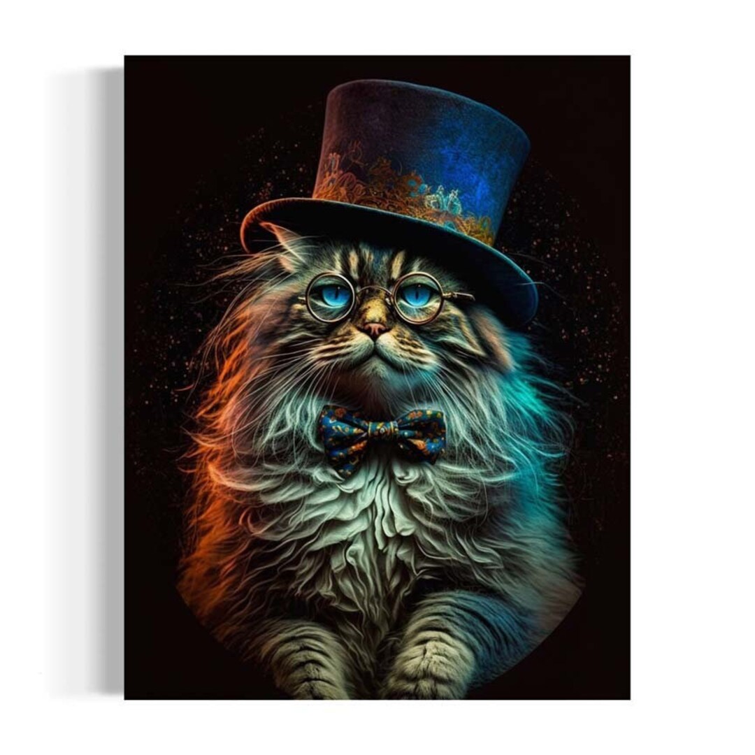Mad Hatter Cat Painting, Cosmic Cat in A Top Hat, Animals in Clothes ...