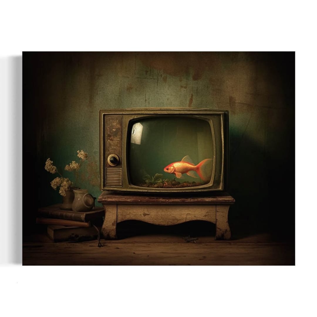Surreal Art Print | Fish in Retro Television, Vintage Goldfish Still ...