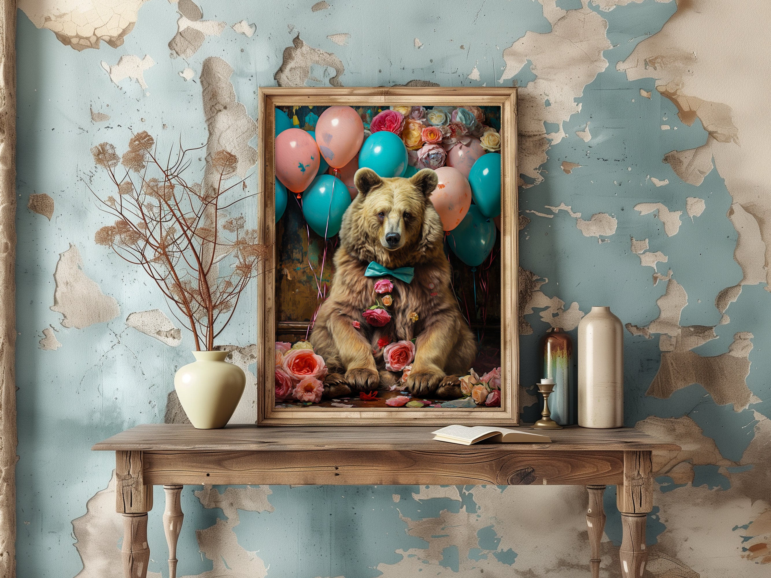 Vintage Bear Wall Art, Party Bear With Pink and Blue Balloons, Cute ...