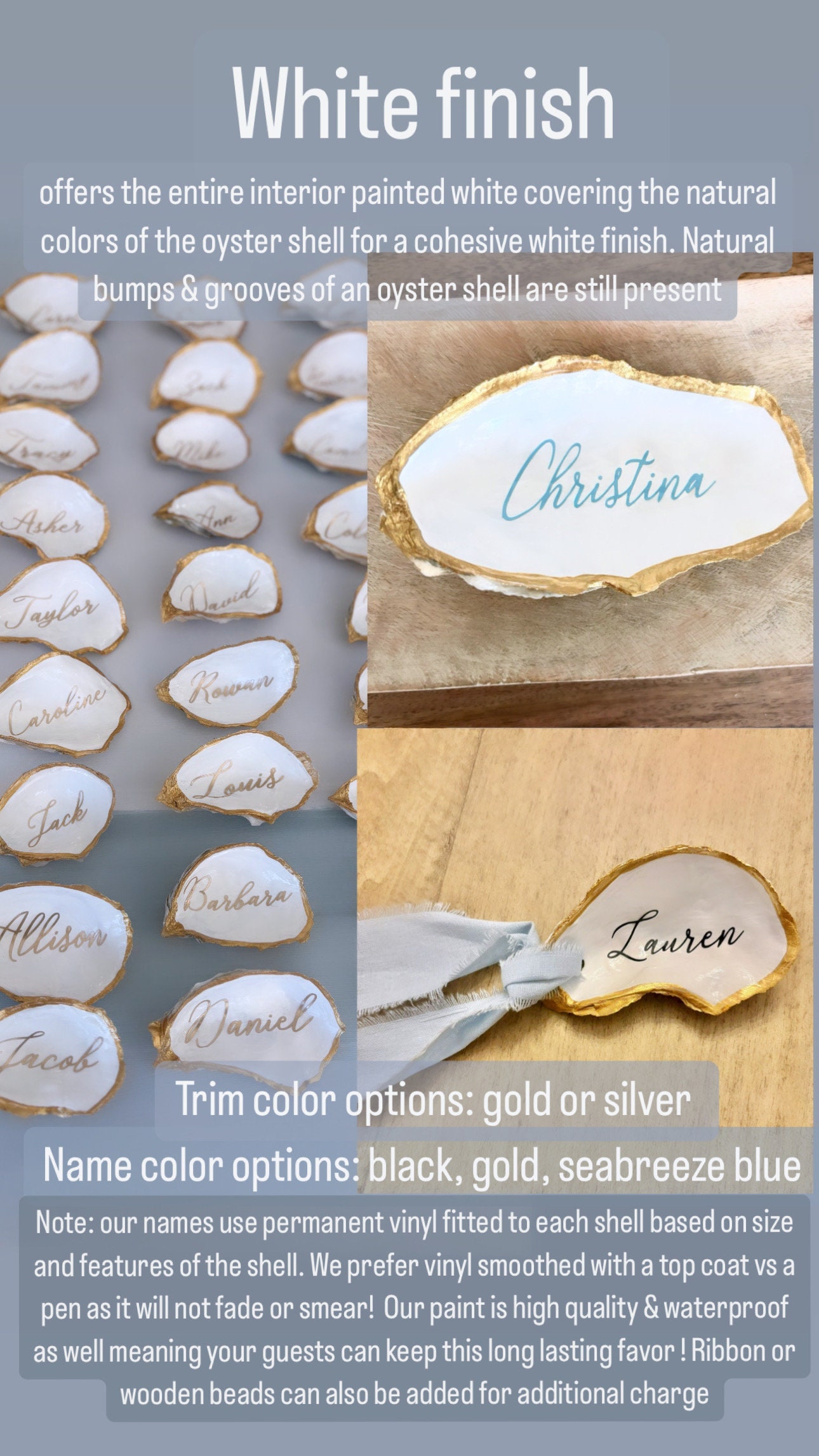 WOOD BEAD Oyster Shell Personalized Place Cards BULK, Favors, Ring ...