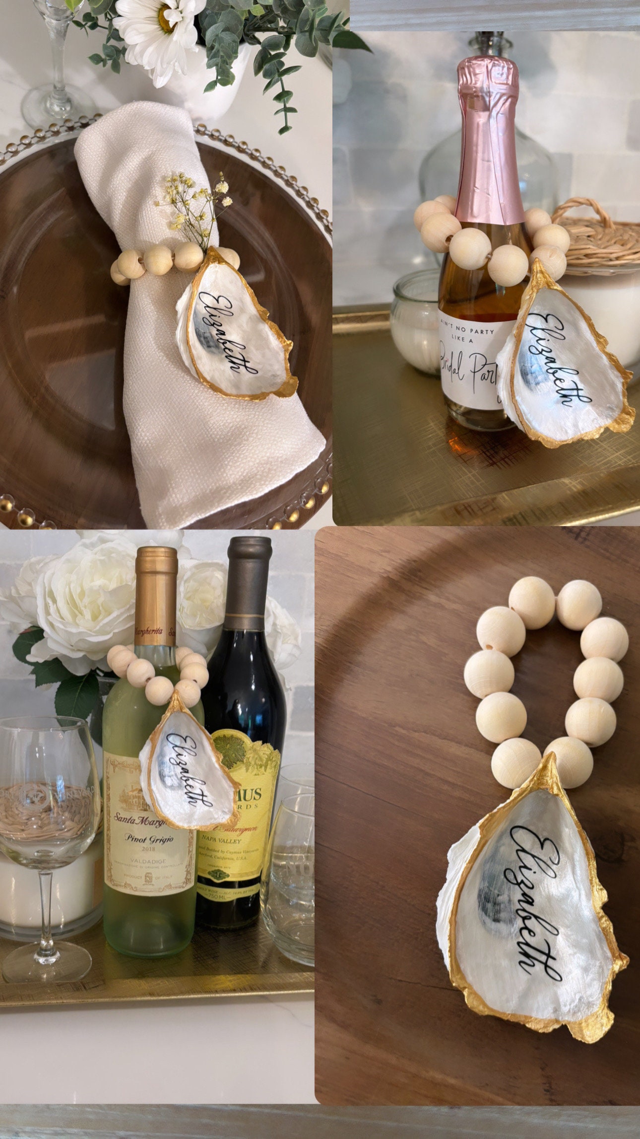 WOOD BEAD Oyster Shell Personalized Place Cards BULK, Favors, Ring ...