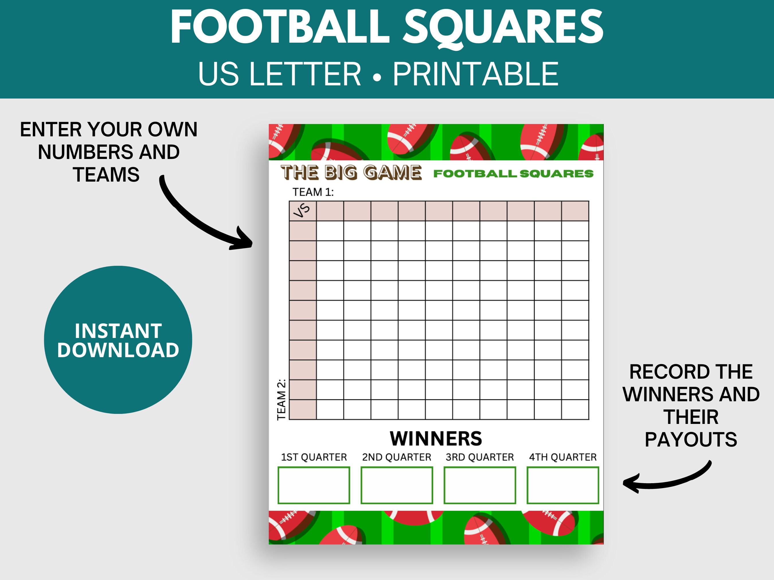 INSTANT DOWNLOAD Super Bowl Squares Game, Super Bowl Boxes, Football ...