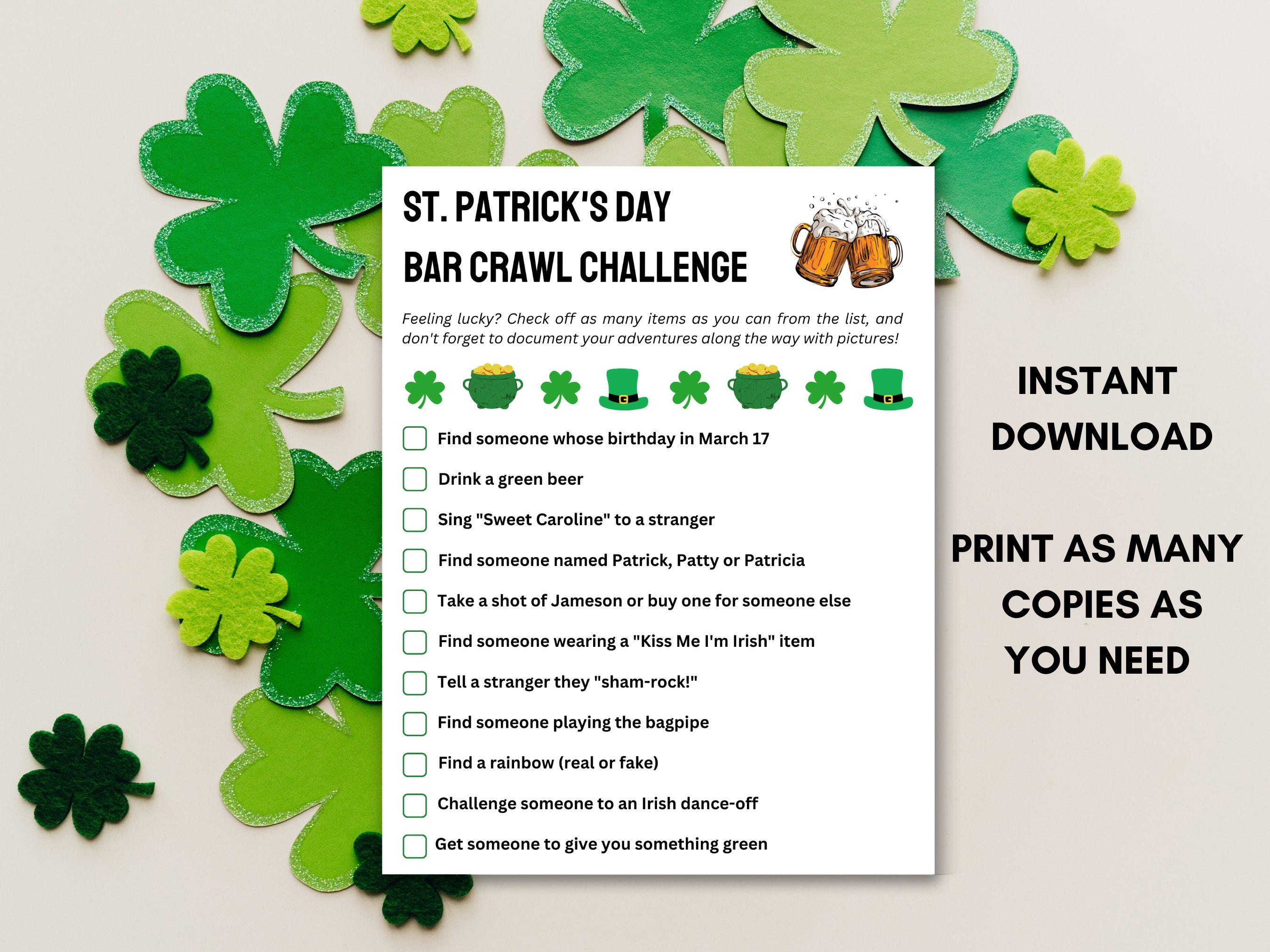 St Patrick's Day Bar Crawl Scavenger Hunt Printable Game | St Patrick's ...