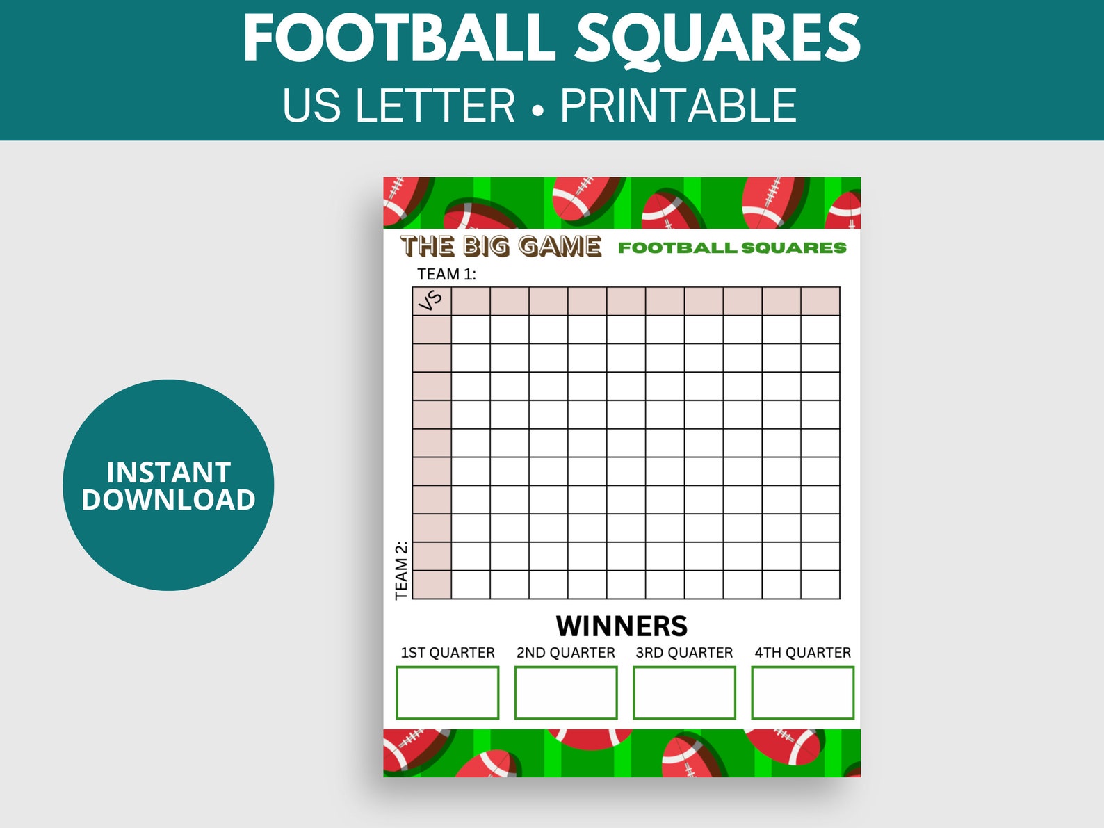 INSTANT DOWNLOAD Super Bowl Squares Game, Super Bowl Boxes, Football ...