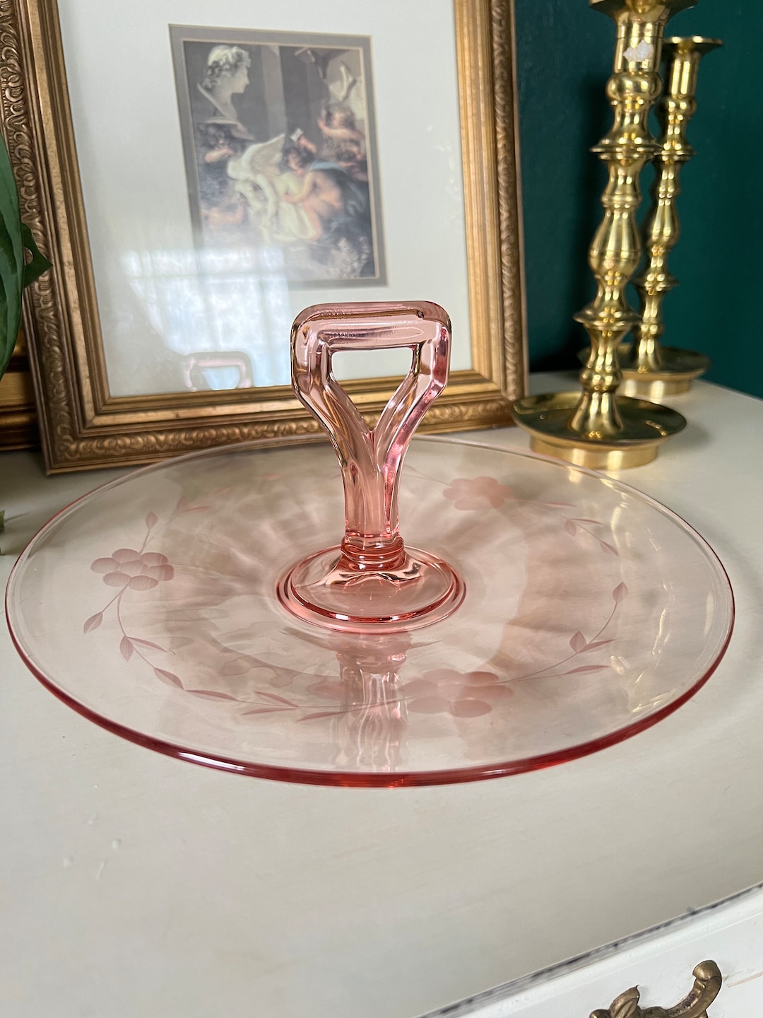 Floral Etched Pink Depression Glass Sandwich Tray 10" Vintage Home ...