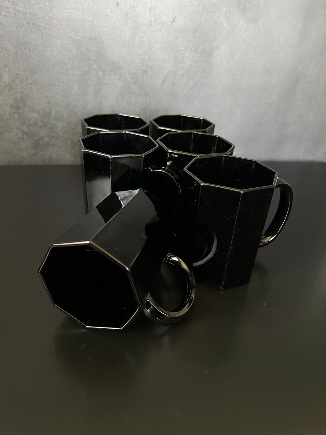Vintage Hexagonal Arcoroc Black Octime Coffee Mugs France Unique MCM ...