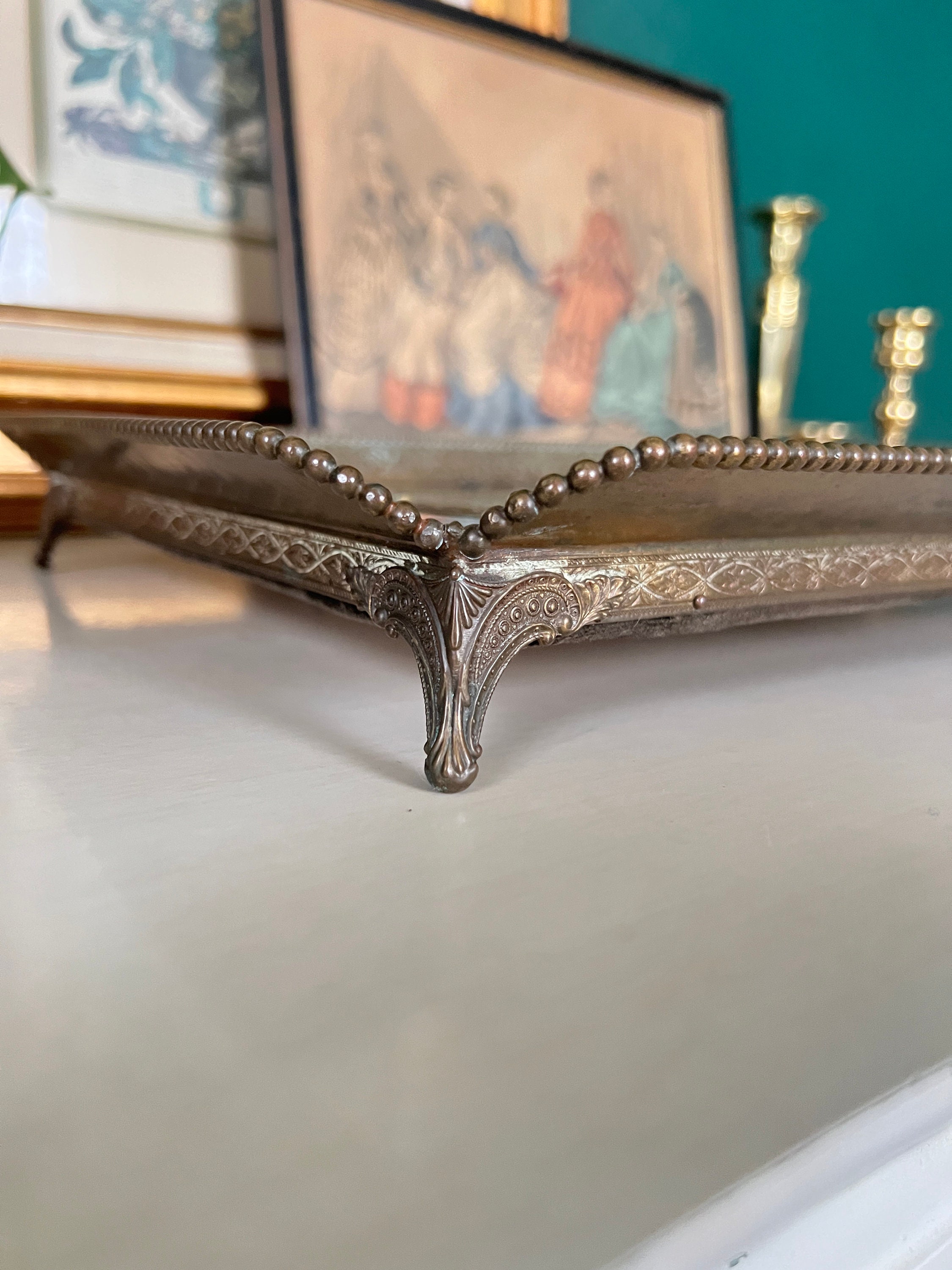 Antique Vanity Tray Brass and Mirror Unique With Double Leaves - Etsy