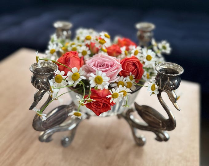 Silverplate Swan Centerpiece With Crystal Bowl, Flower Frog ...