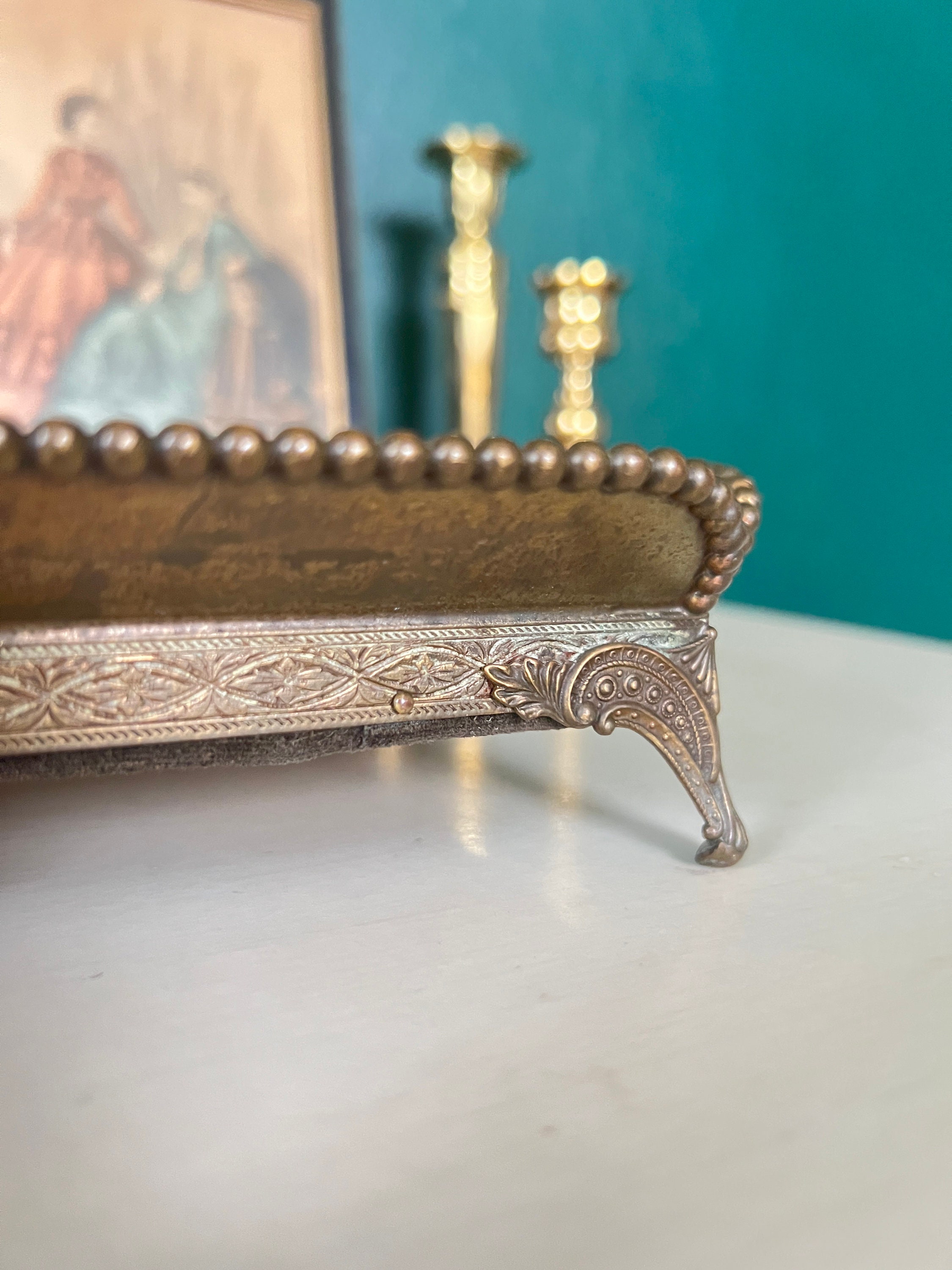 Antique Vanity Tray Brass and Mirror Unique With Double Leaves - Etsy