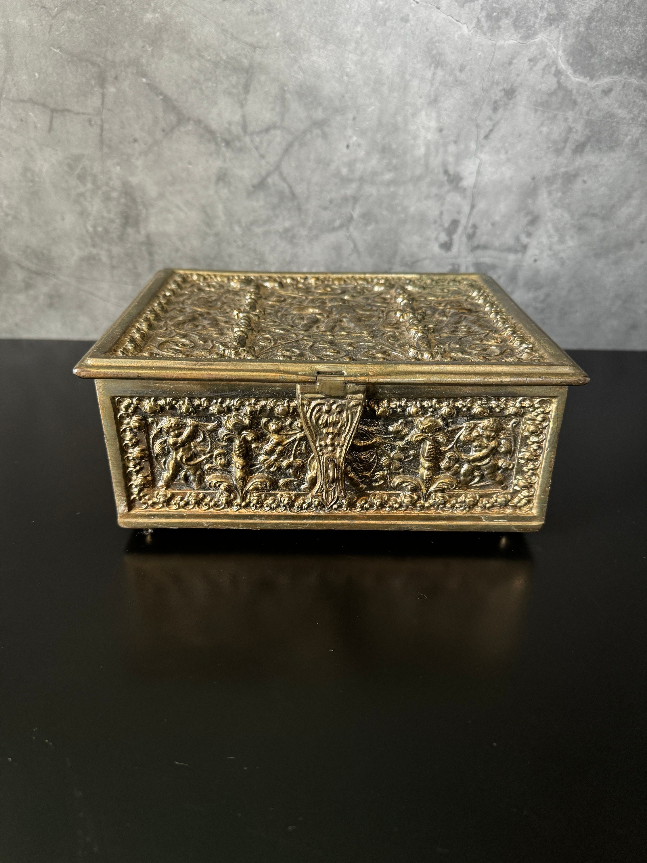 Antique Metal Chest Box Golden Bronze Very Heavyweight With Flowers ...