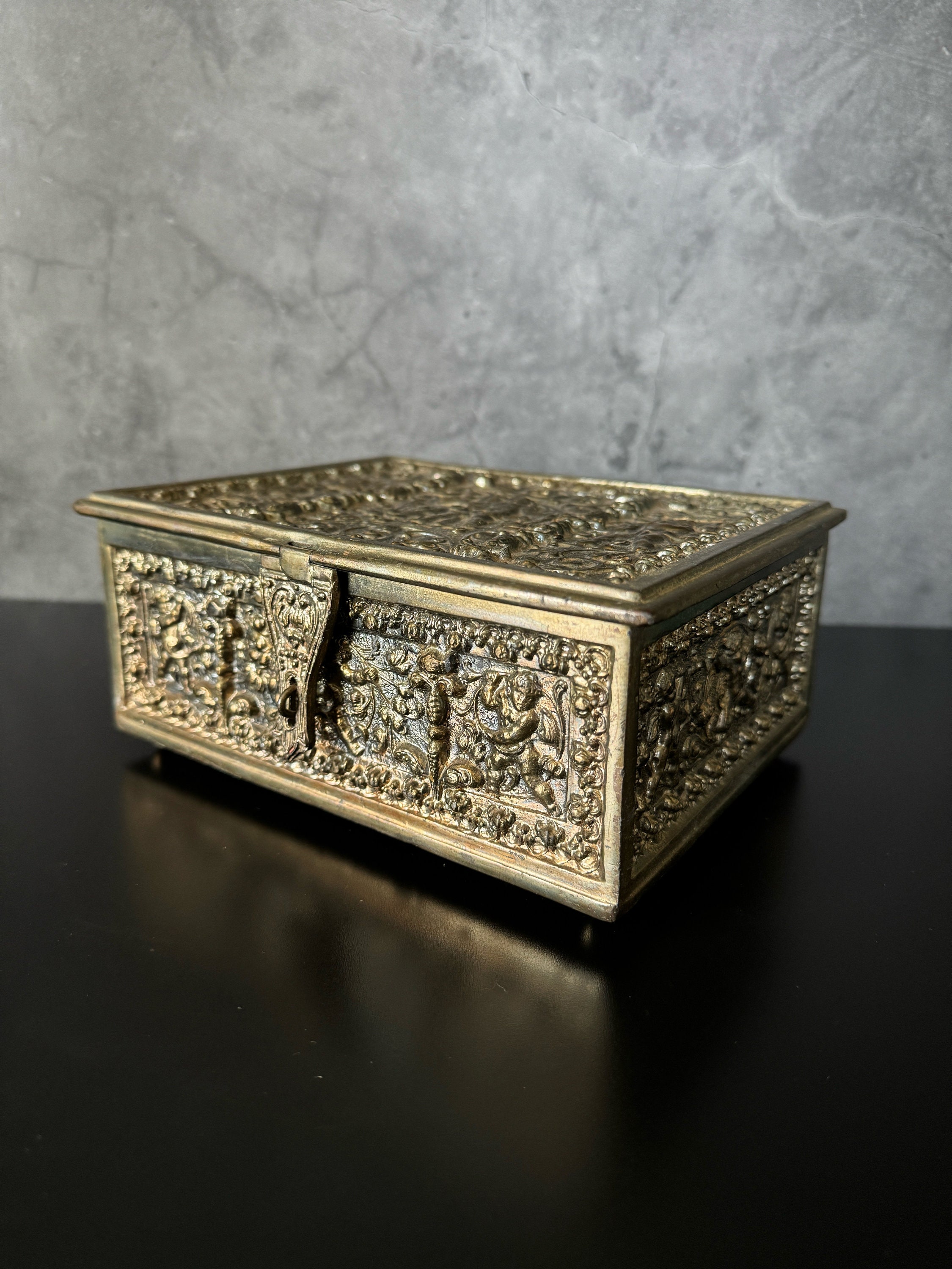 Antique Metal Chest Box Golden Bronze Very Heavyweight With Flowers ...