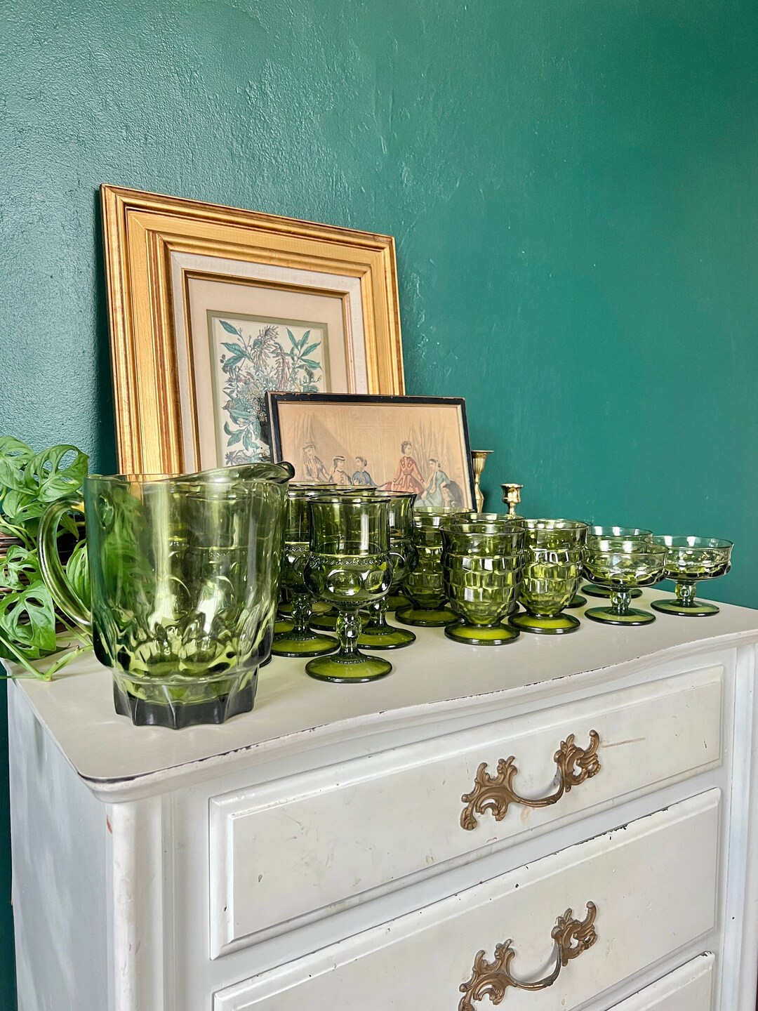 23 Pc. Set Green Indiana Glassware Pitcher, Goblets, Tumblers, Dessert ...