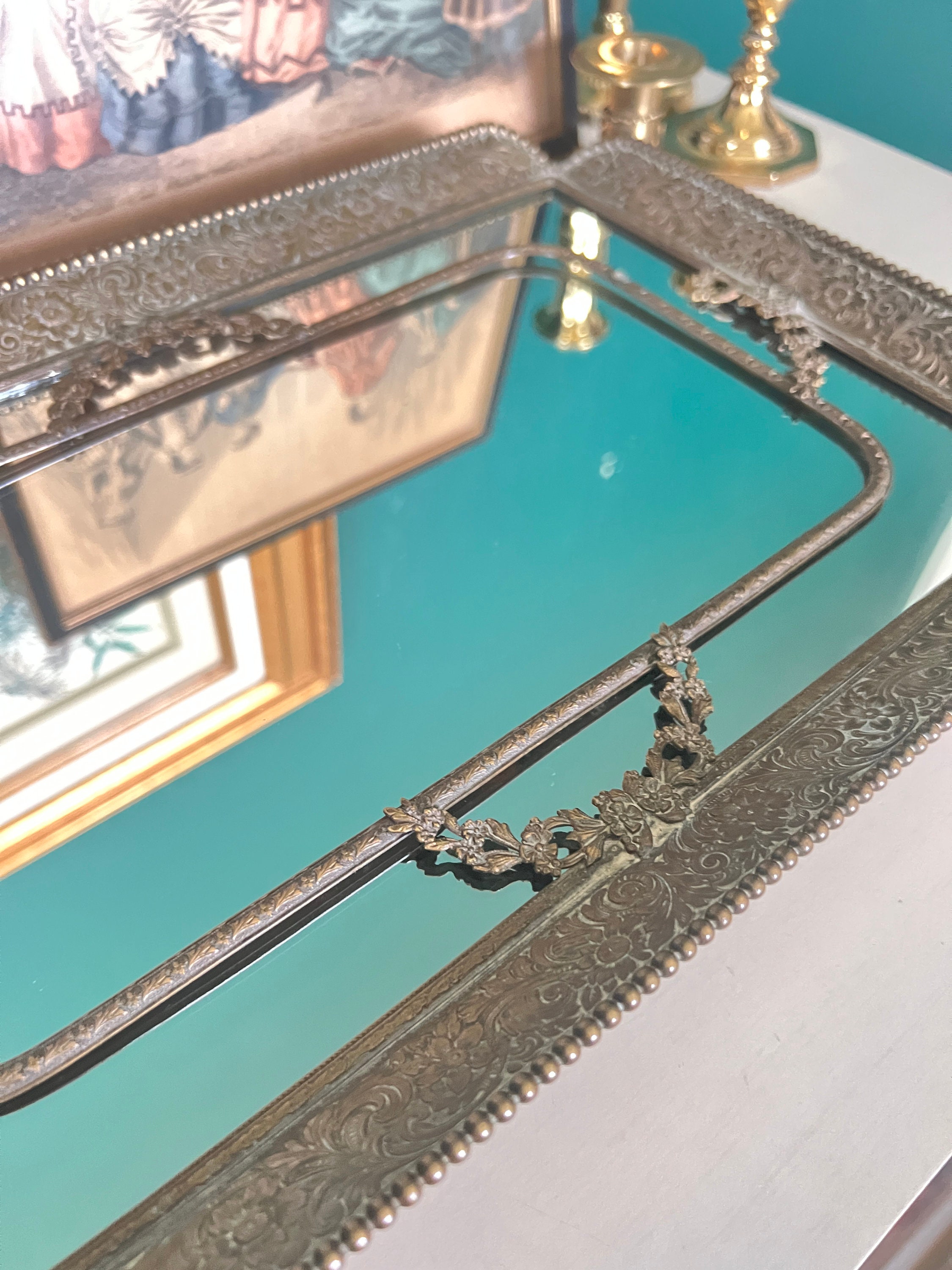 Antique Vanity Tray Brass and Mirror Unique With Double Leaves - Etsy