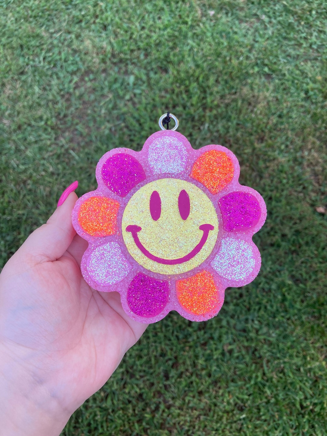 Smiley Flower Car Freshie, Happy Daisy Car Air Freshener, Cute Glittery ...