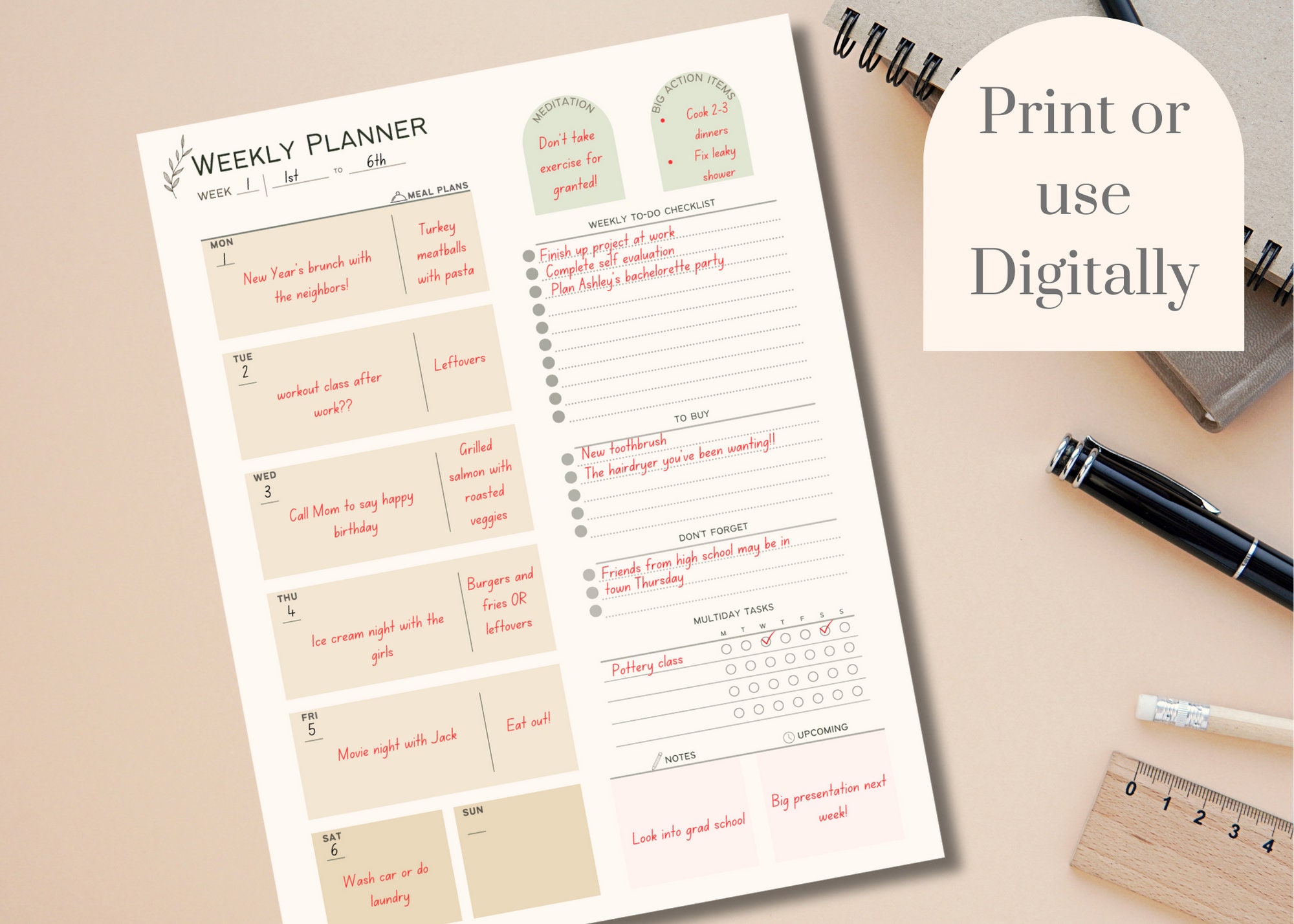 Boho Weekly Planner, Undated & Reusable, Minimalist Style, Printable ...