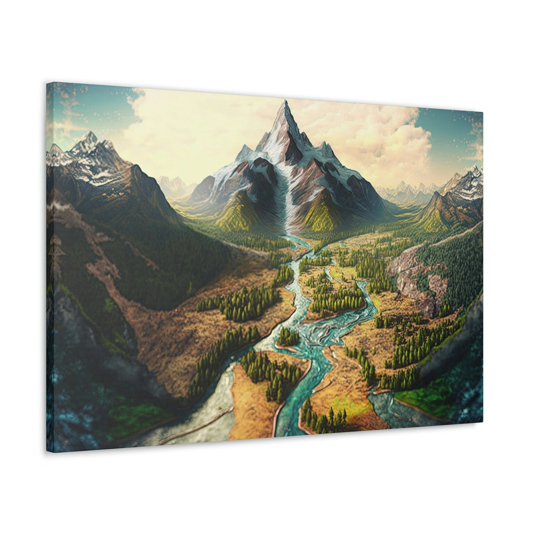 Multidimensional Mountain Landscape With a River and Forest Canvas ...