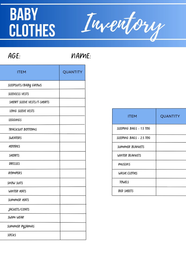 Baby Clothes Inventory Printable / Home Organisation / Baby Clothes ...