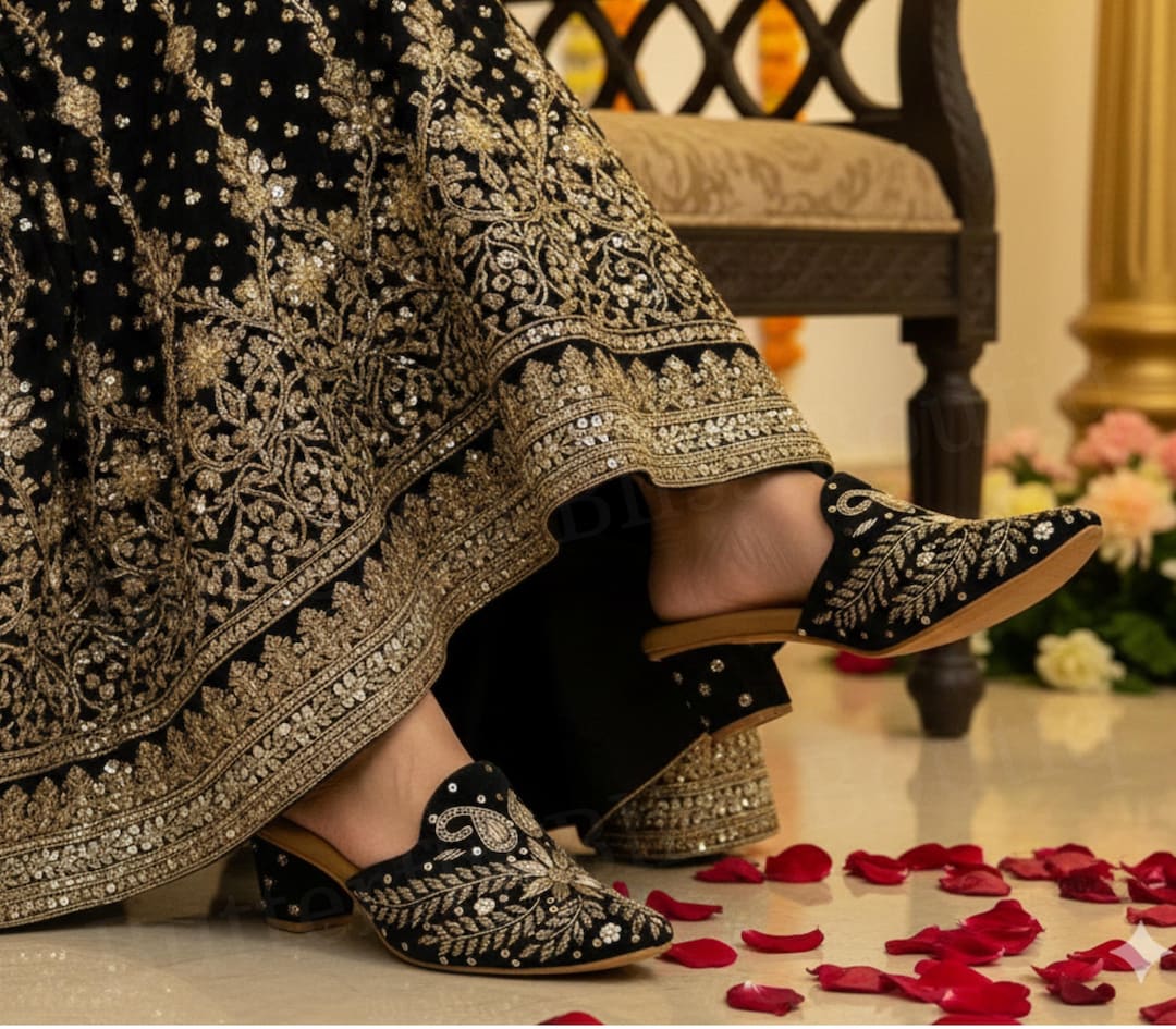 Black Embroidered Jutti Velvet Bridal Mules Indian Black Wedding Shoes ...