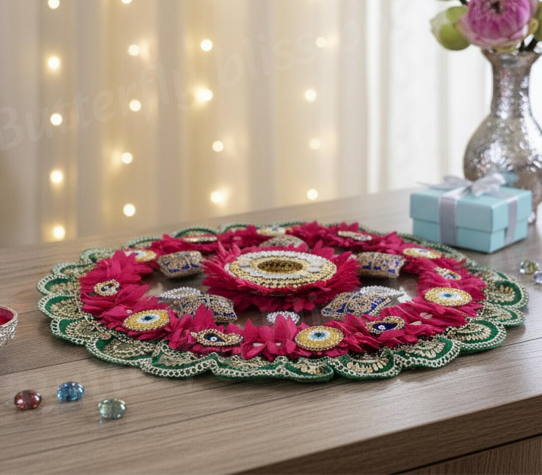 Evil Eye Festive Rangoli Wedding Decor Acrylic Elegant Zari Rangoli Mat ...