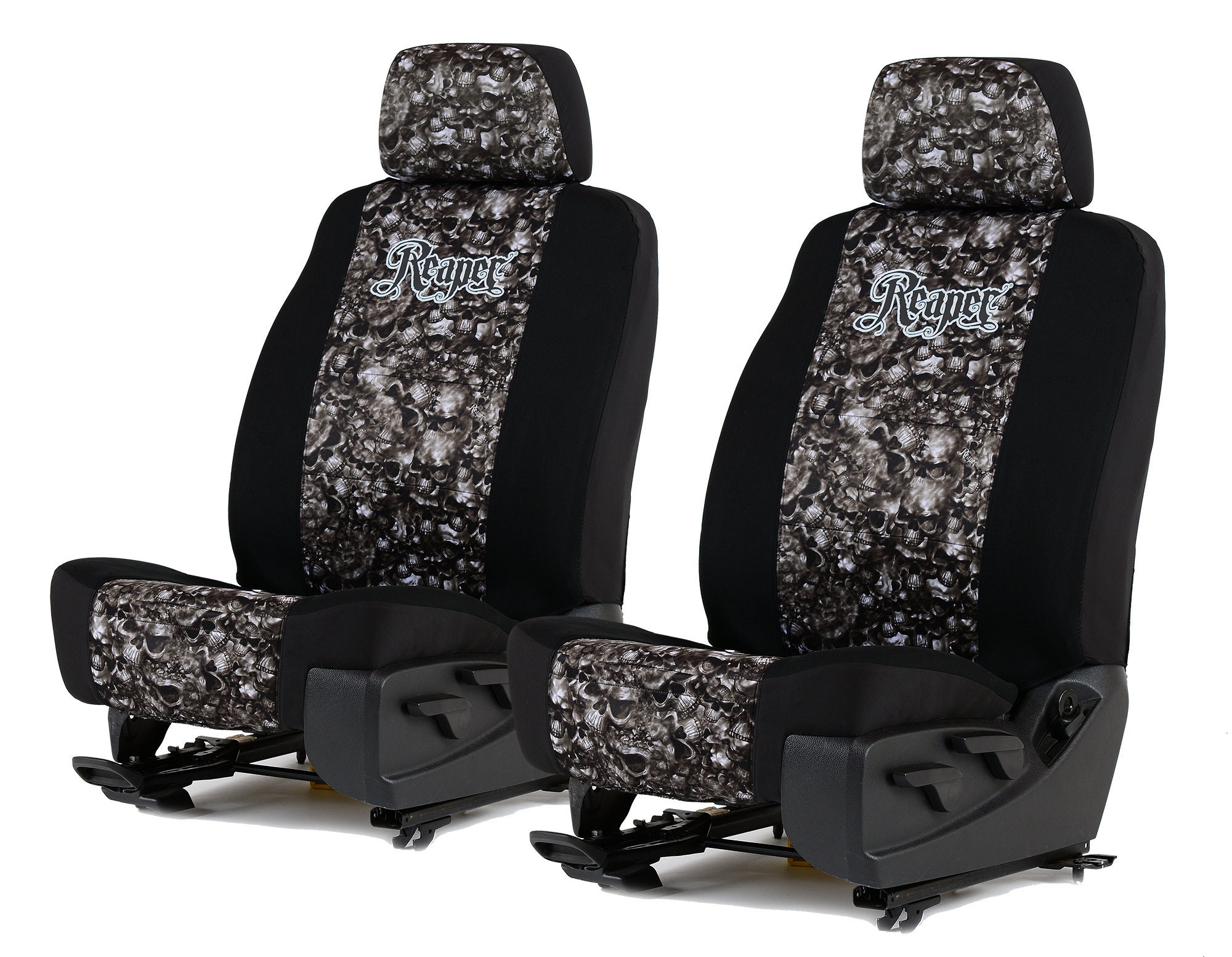 SKULL SEAT COVERS for a Pair of Low Back Bucket Seats in Reaper Black ...