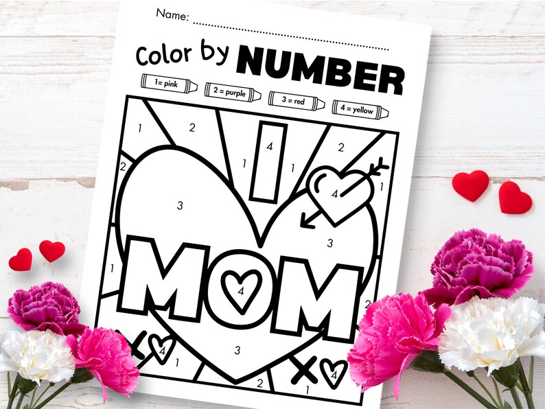 Easy Color by Number, I Love MOM, Valentine's Day Gift, Mother's Day ...