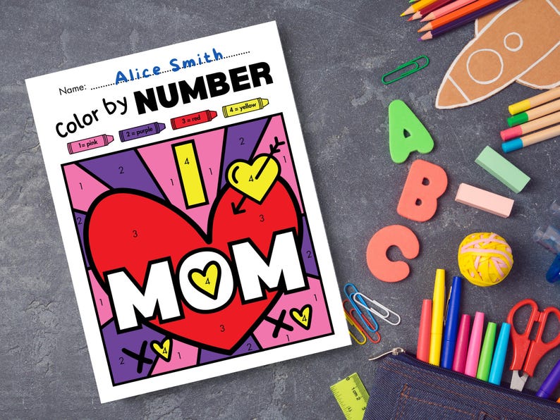 Easy Color by Number, I Love MOM, Valentine's Day Gift, Mother's Day ...
