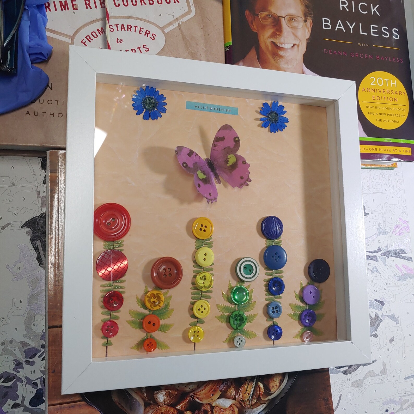 Rainbow Button Flowers on Gold Cardstock. Gift for Gardener or Artist ...