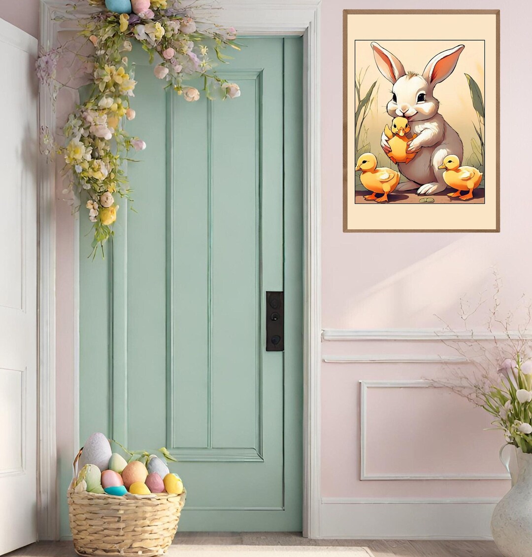 Printable Bunny Rabbit Chicken Wall Art |digital Bunny Rabbit Chickens ...