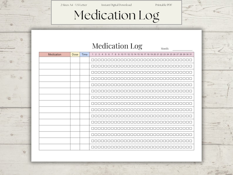 Monthly Medication Log Printable PDF Instant Download Prescriptions Vitamins Supplements - Etsy