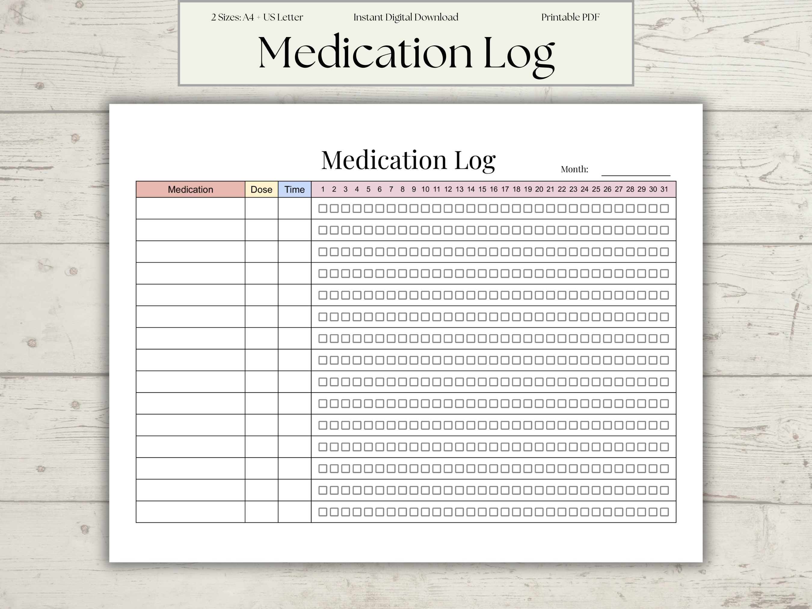 Monthly Medication Log Printable PDF Instant Download Prescriptions ...
