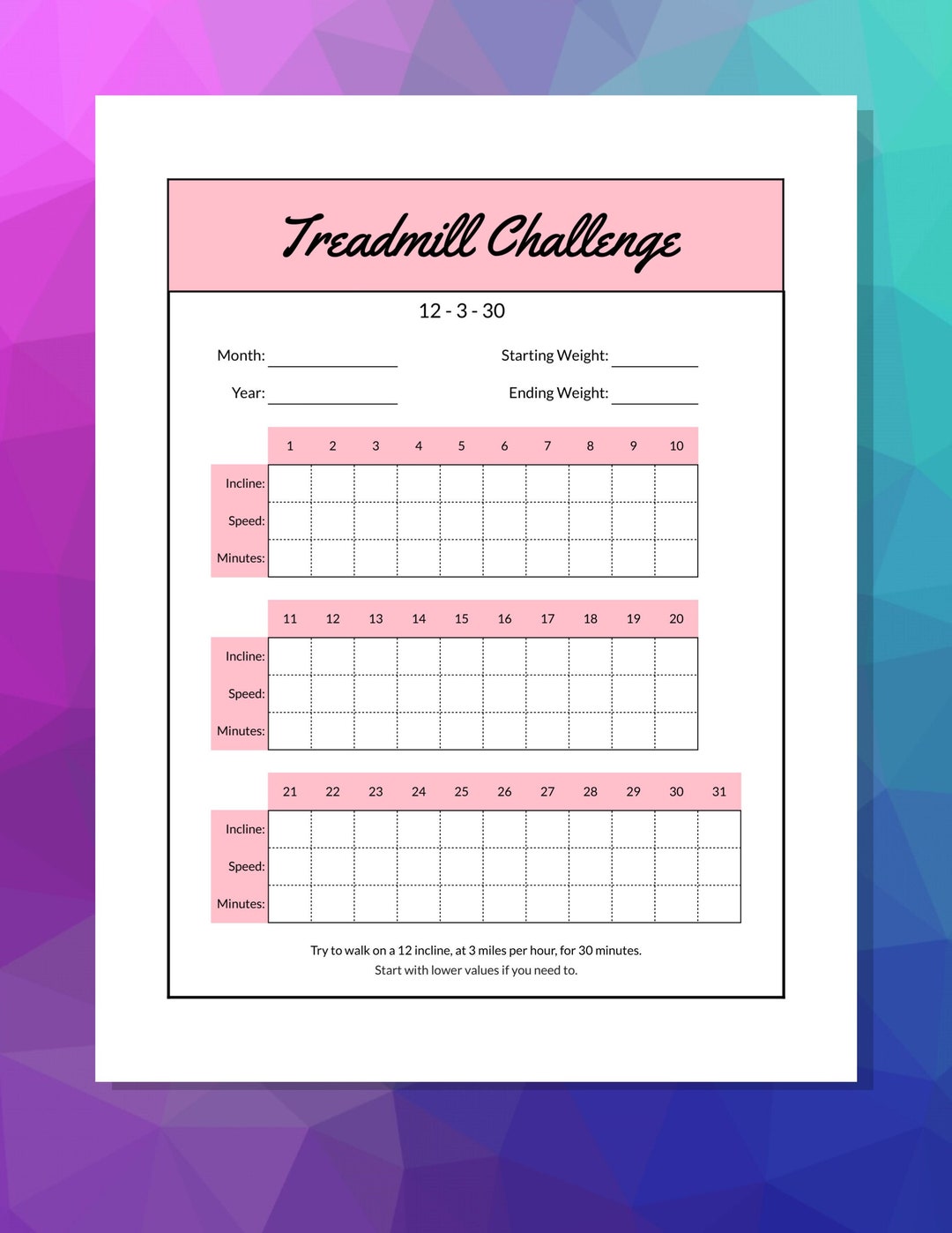 Treadmill Challenge, Workout Tracker, Fitness Tracker - Etsy