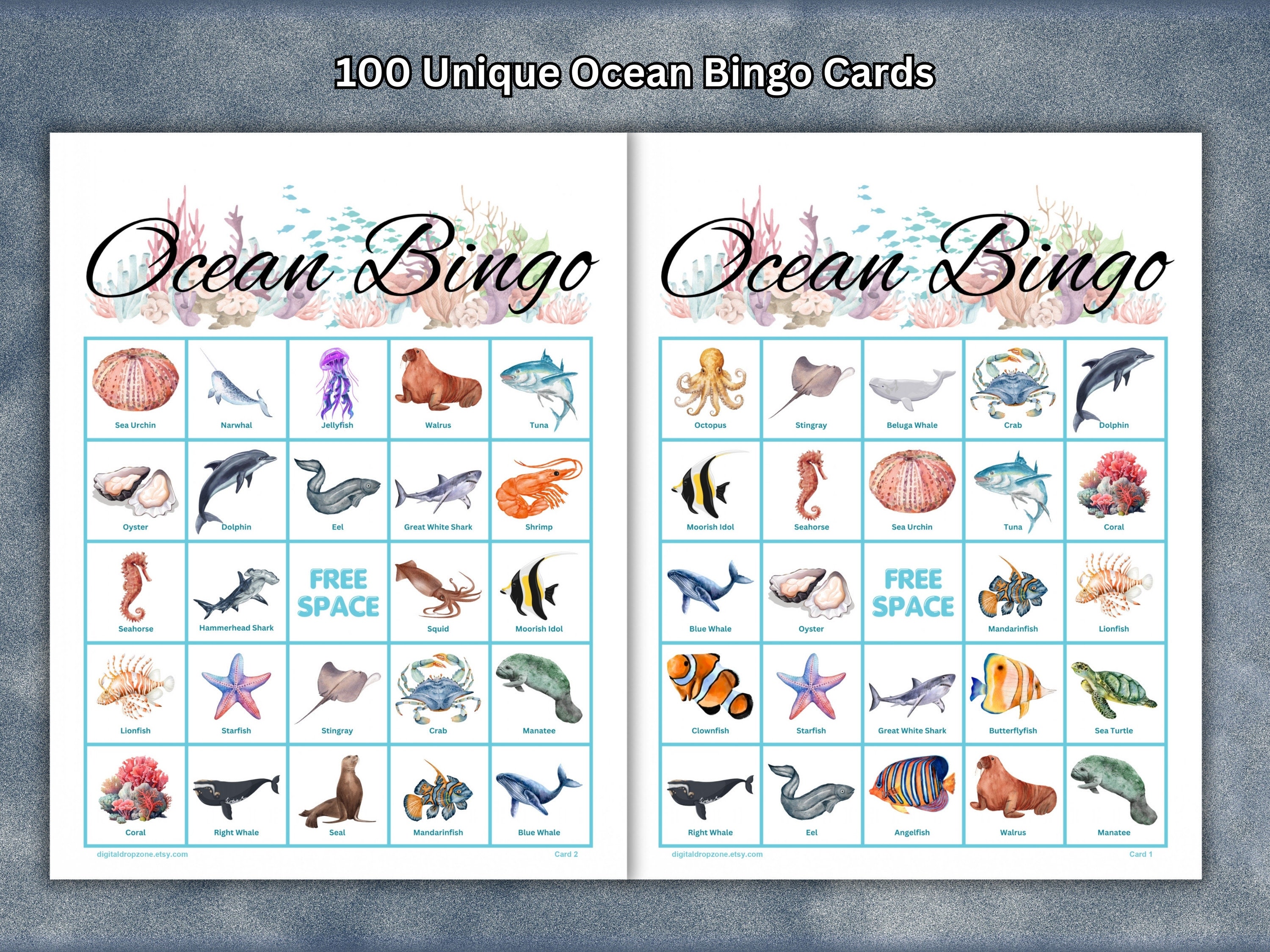 100 Ocean Bingo Cards - Etsy