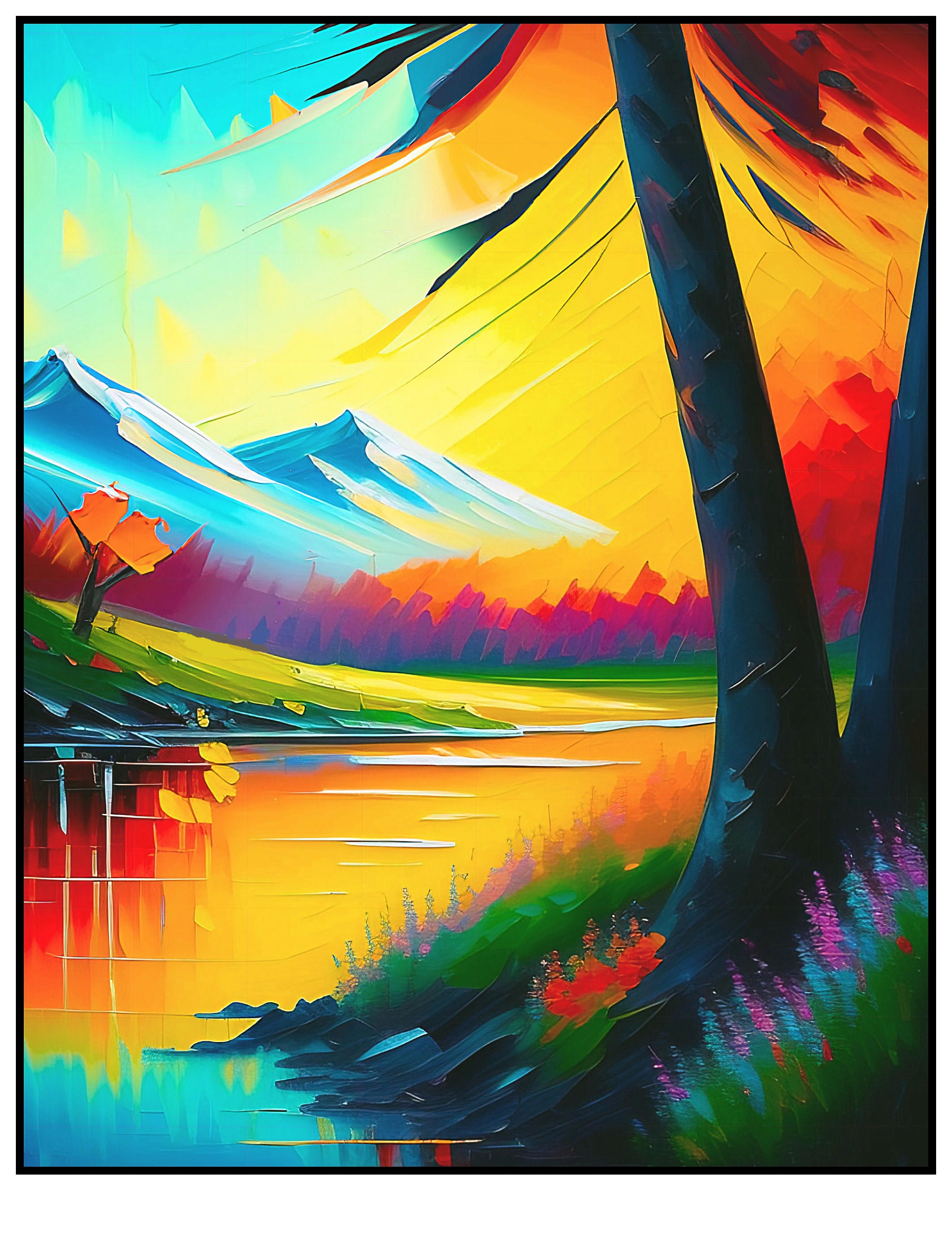 Colorful Lake Sunset Painting, Serene Landscape Wall Art (digital ...