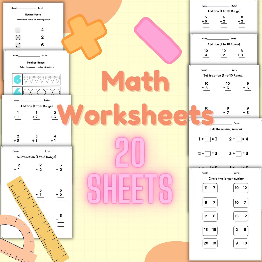 20 Math Worksheets Printable Addition Subtraction Kindergarten Math ...