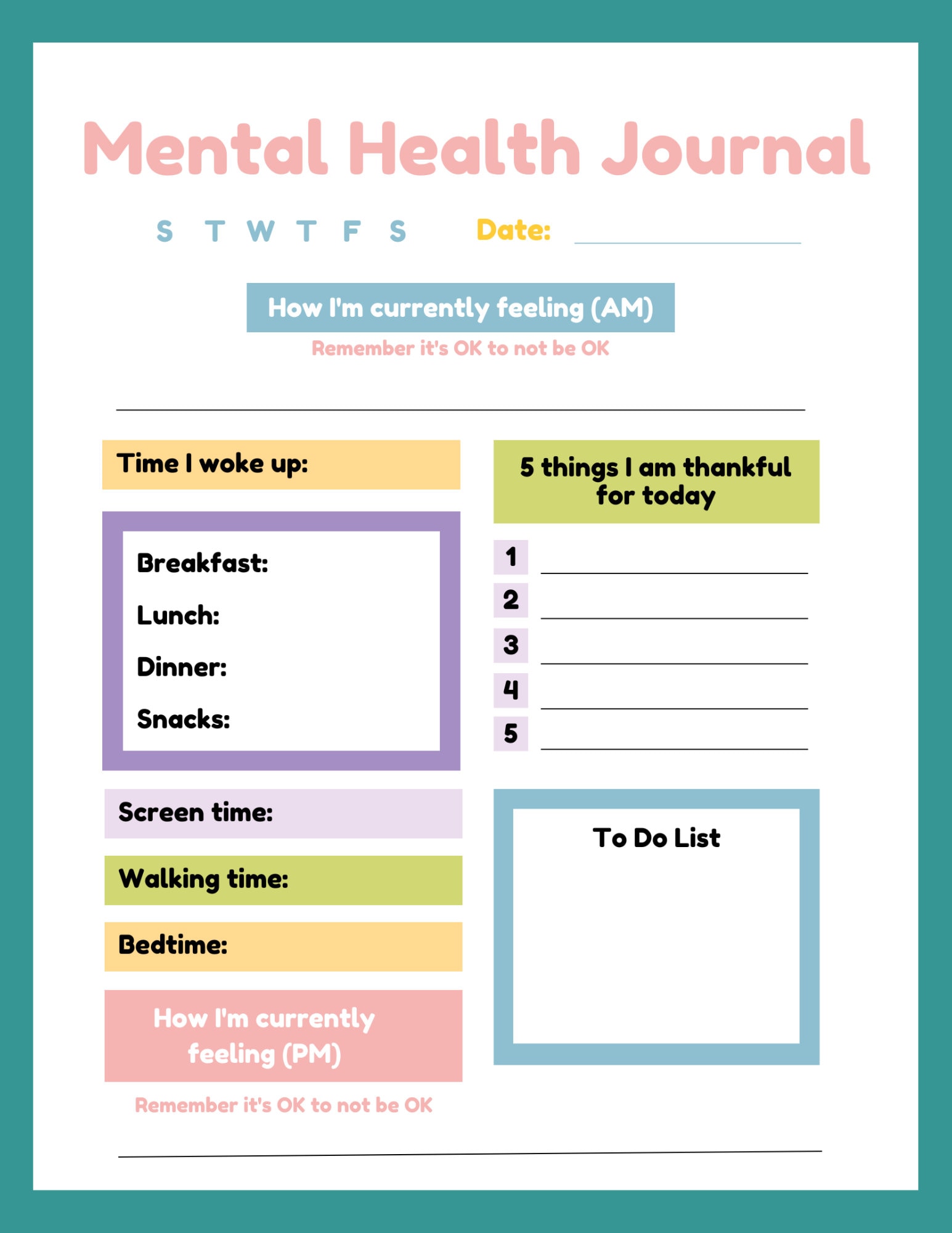 Mental Health Daily Journal Printable Anxiety Tracker Mood Tracker ...
