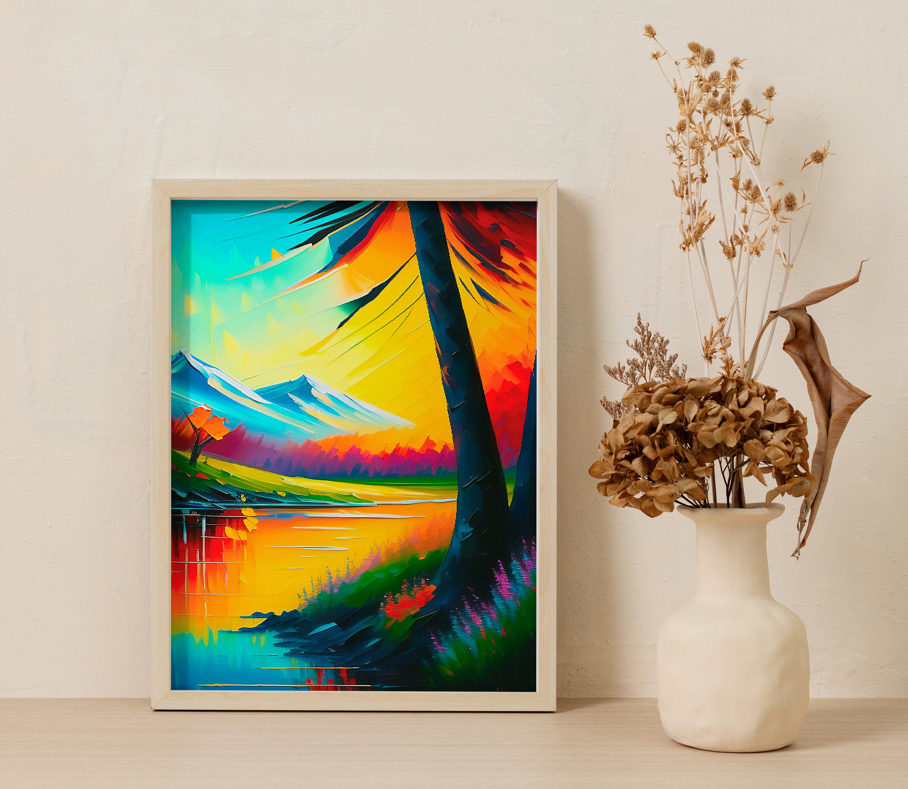 Natural Scenery Painting Lush Colorful Landscape Wall Decor Lake Sunset ...