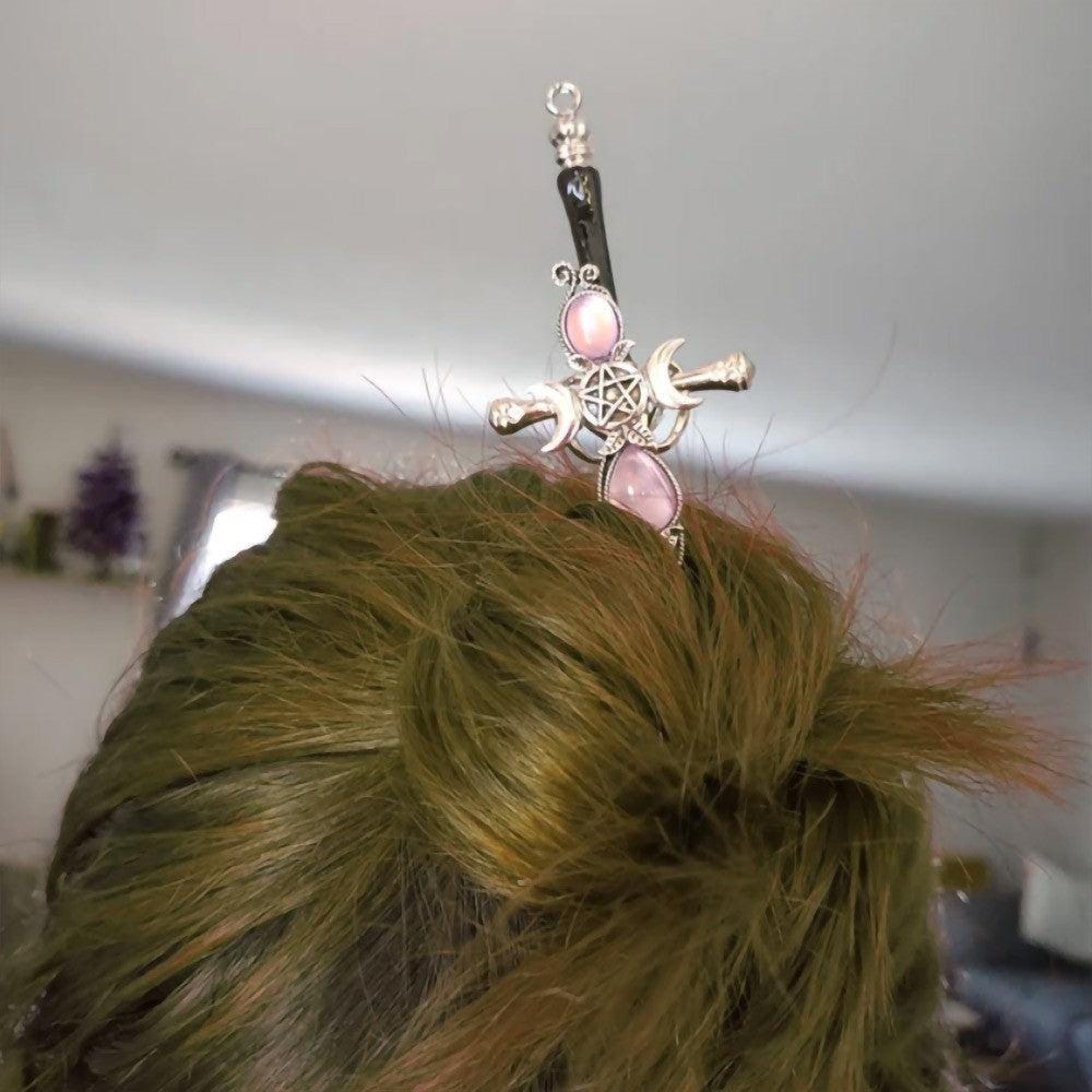 Gothic Brass Sword Hair Stick: Purple Triple Moon, Witch Hair Bun ...