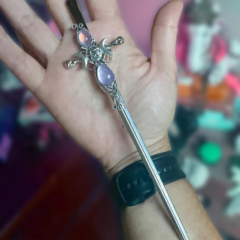 Gothic Brass Sword Hair Stick: Purple Triple Moon, Witch Hair Bun ...