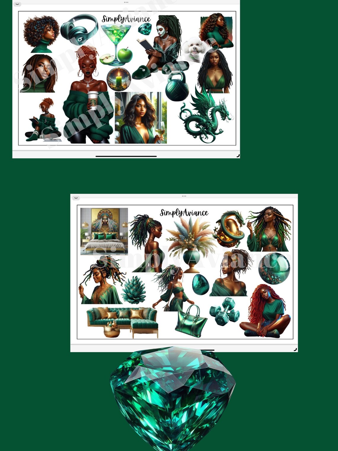 Emerald Green Goodnotes Stickers: Black Girl Locs (precropped Digital ...