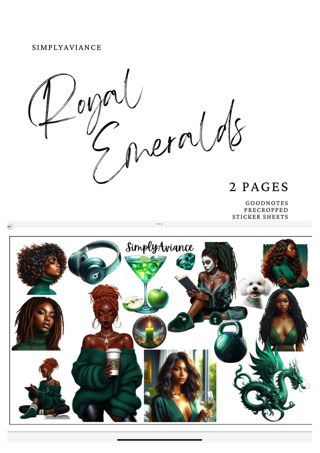 Emerald Green Goodnotes Stickers: Black Girl Locs (precropped Digital ...
