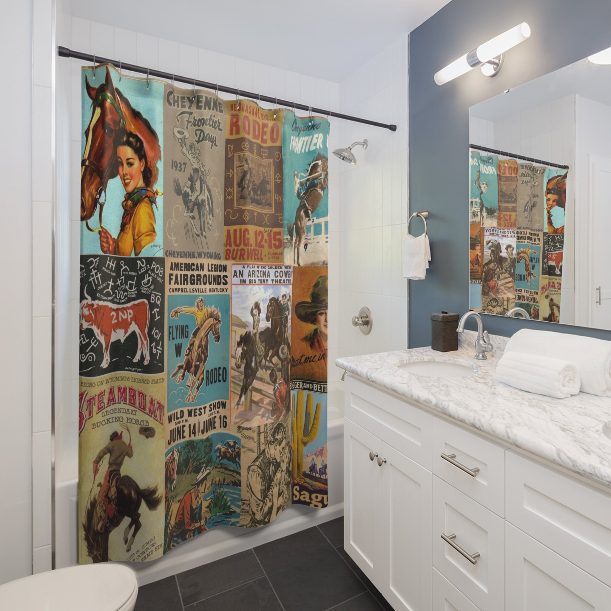 Western Shower Curtain Vintage Shower Curtain Western Poster Art Retro ...