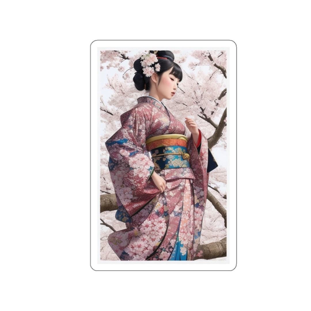 Ukiyo-e Woman in Floral Kimono Sticker Japanese Art Decal With Sakura ...