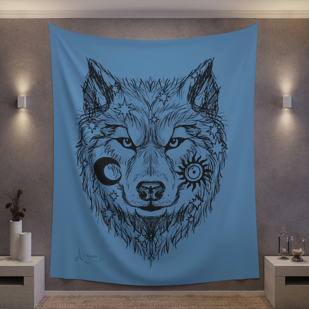 Light Blue Wolf With Sun Crescent Moon and Stars Printed - Etsy