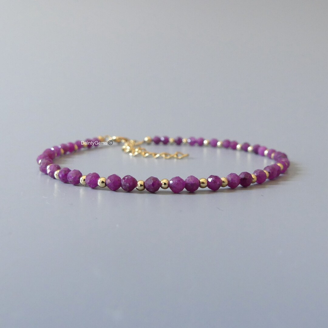 Tiny Ruby Bracelet Dainty Ruby Jewelry Pink Crystal Bracelet Small Bead ...
