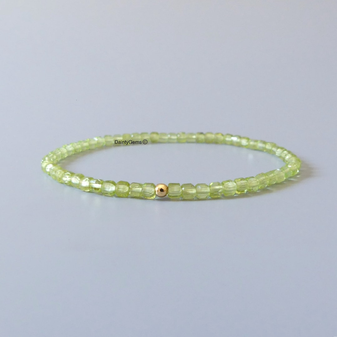 Solid Gold Peridot Stretch Bracelet Dainty Minimalist Gemstone Bead ...